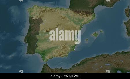 Spain highlighted on a Pale colored elevation map with lakes and rivers ...