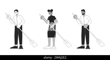 Formal diverse adults rowing paddles 2D linear cartoon characters set ...