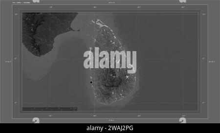 Sri Lanka highlighted on a Grayscale elevation map with lakes and ...