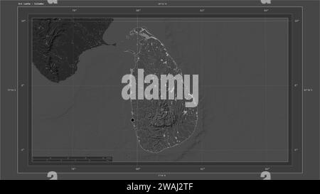 Sri Lanka outlined on a Bilevel elevation map with lakes and rivers ...