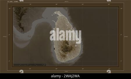 Sri Lanka highlighted on a Colored elevation map with lakes and rivers ...