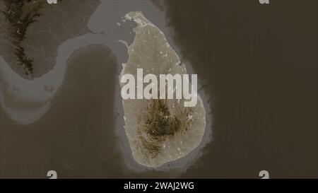 Sri Lanka highlighted on a Colored elevation map with lakes and rivers ...