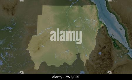 Sudan highlighted on a Pale colored elevation map with lakes and rivers ...