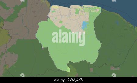 Suriname highlighted on a topographic, OSM standard style map map with ...