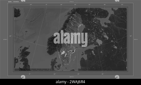 Sweden highlighted on a Grayscale elevation map with lakes and rivers ...