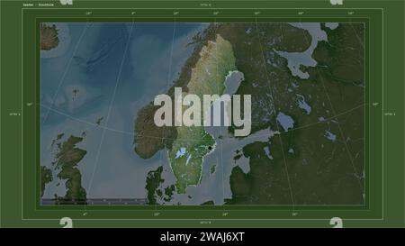 Sweden highlighted on a Pale colored elevation map with lakes and ...