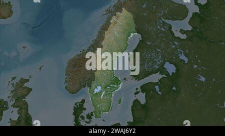 Sweden highlighted on a Colored elevation map with lakes and rivers ...