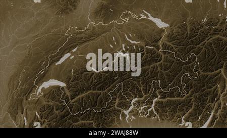 Switzerland outlined on a Colored elevation map with lakes and rivers ...