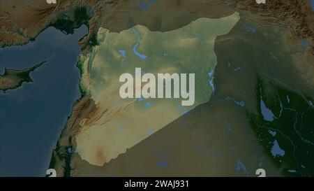 Syria highlighted on a elevation map colored in sepia tones with lakes ...