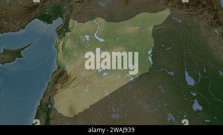 Syria highlighted on a Colored elevation map with lakes and rivers ...