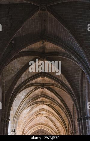 A vertical shot of a corridor inside an ancient building with arches ...