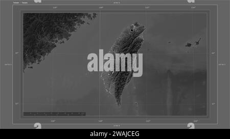 Taiwan highlighted on a Grayscale elevation map with lakes and rivers ...