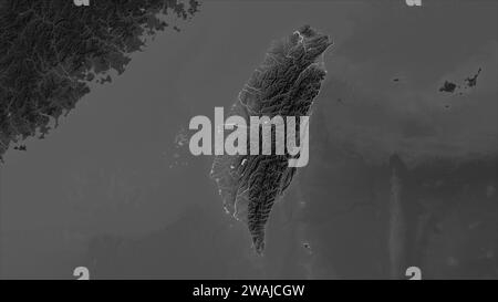 Taiwan highlighted on a Grayscale elevation map with lakes and rivers ...