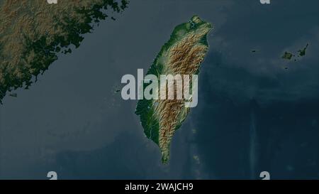 Taiwan highlighted on a Colored elevation map with lakes and rivers map ...