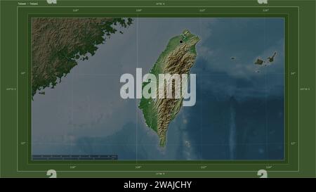 Taiwan highlighted on a Pale colored elevation map with lakes and ...