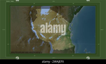 Tanzania highlighted on a Colored elevation map with lakes and rivers ...