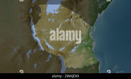 Tanzania highlighted on a Pale colored elevation map with lakes and ...