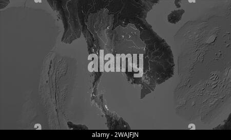 Thailand highlighted on a Grayscale elevation map with lakes and rivers ...