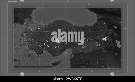 Turkiye highlighted on a Grayscale elevation map with lakes and rivers ...