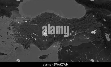 Turkiye highlighted on a Grayscale elevation map with lakes and rivers ...