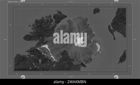 Northern Ireland highlighted on a Grayscale elevation map with lakes ...