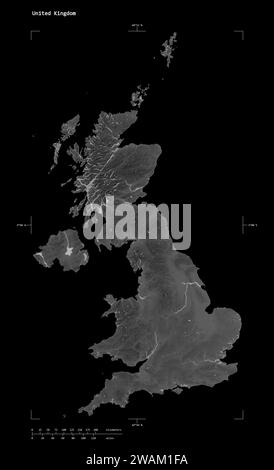 London, region of United Kingdom. Grayscale elevation map with lakes ...