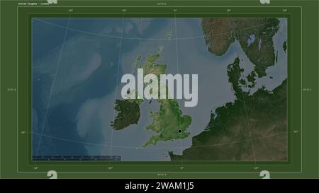 United Kingdom highlighted on a Pale colored elevation map with lakes ...