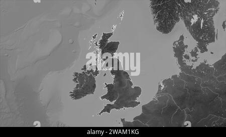 London, region of United Kingdom. Grayscale elevation map with lakes ...