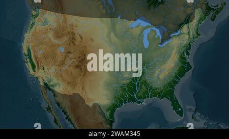 United States of America, mainland highlighted on a Bilevel elevation ...