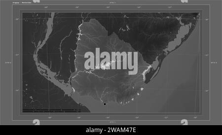 Uruguay highlighted on a Grayscale elevation map with lakes and rivers ...