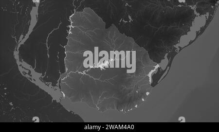 Uruguay highlighted on a Grayscale elevation map with lakes and rivers ...