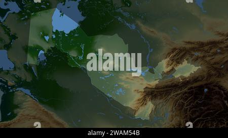 Uzbekistan highlighted on a elevation map colored in sepia tones with ...