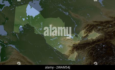 Uzbekistan highlighted on a Colored elevation map with lakes and rivers ...
