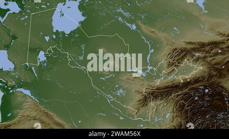 Uzbekistan outlined on a Colored elevation map with lakes and rivers ...