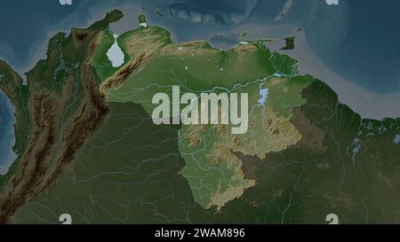 Venezuela highlighted on a Pale colored elevation map with lakes and ...