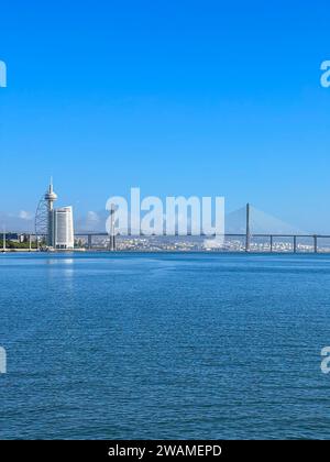 Vasco de Gama bridge, seen from the Tage banks, Park of the Nations ...