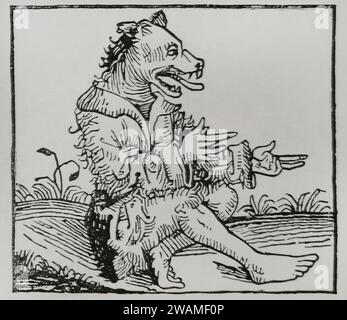 Monsters born from the Deluge. Dog-headed man. After wood engraving in ...