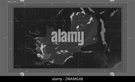 Zambia highlighted on a Grayscale elevation map with lakes and rivers ...