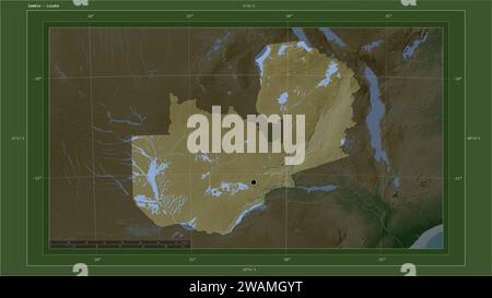 Zambia outlined on a Pale colored elevation map with lakes and rivers ...