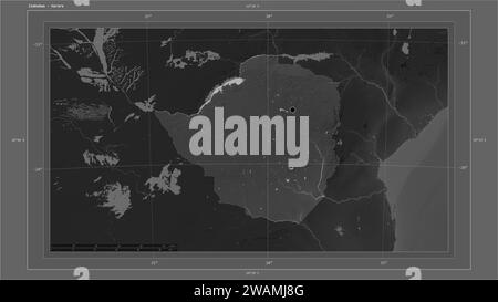 Zimbabwe highlighted on a Grayscale elevation map with lakes and rivers ...