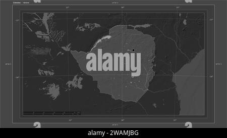 Zimbabwe highlighted on a Bilevel elevation map with lakes and rivers ...