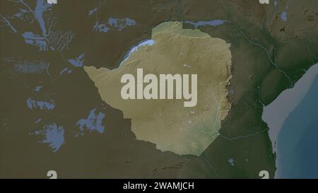 Zimbabwe highlighted on a Pale colored elevation map with lakes and ...