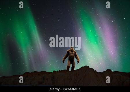 Bigfoot (Sasquatch) Winter night with Northern Lights (Aurora Borealis ...