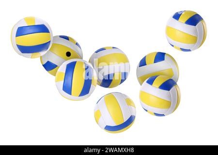 Many volleyball balls flying on white background Stock Photo - Alamy