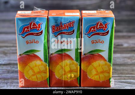 Cairo, Egypt, January 2 2024: Bashayer Mango juice, mango fruit Juice with tropical delicacy ...