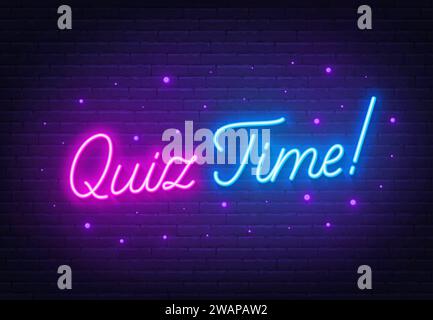 Quiz Time neon lettering on brick wall background. Pink and blue neon ...