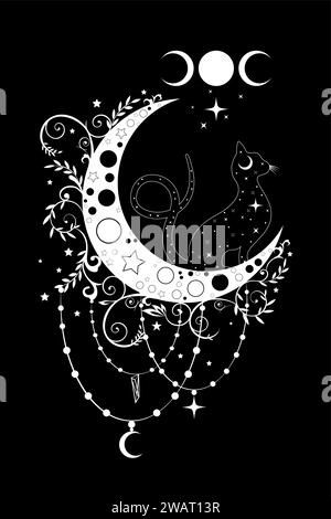 Mystical black cat over celestial crescent moon and triple goddess ...