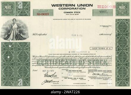 Old stock certificate of Wester Union Corporation, USA 1970 Stock Photo ...