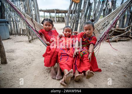 Wayuu indigenous woman wearing traditional red costume, La Guajira ...