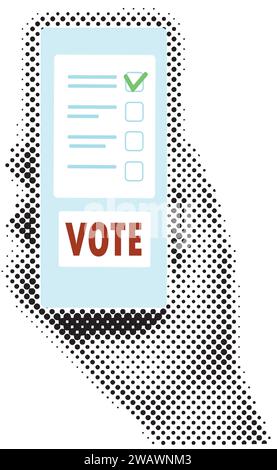 Halftone collage hand holding smartphone with vote button on display ...